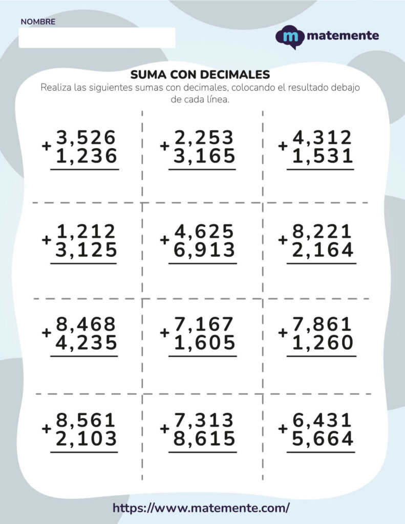 +240 suma y resta de decimales ¡Ejercicios para imprimir!