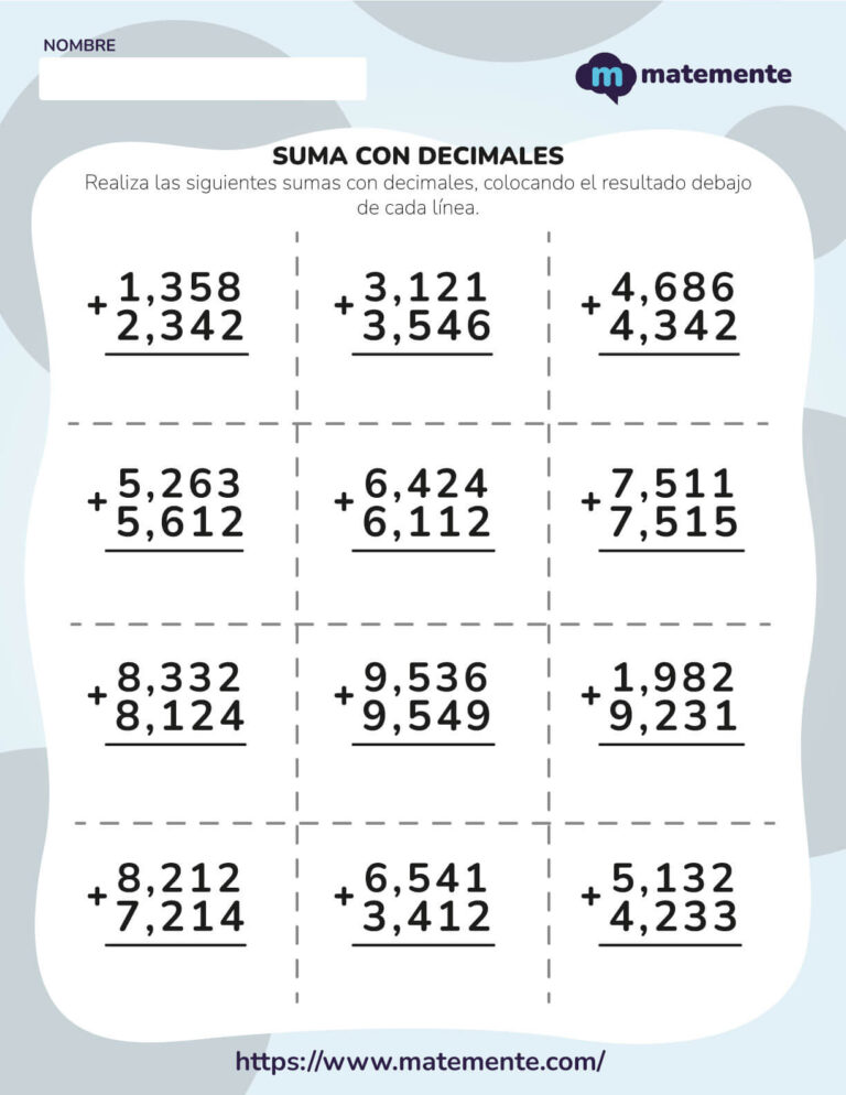 +240 suma y resta de decimales ¡Ejercicios para imprimir!