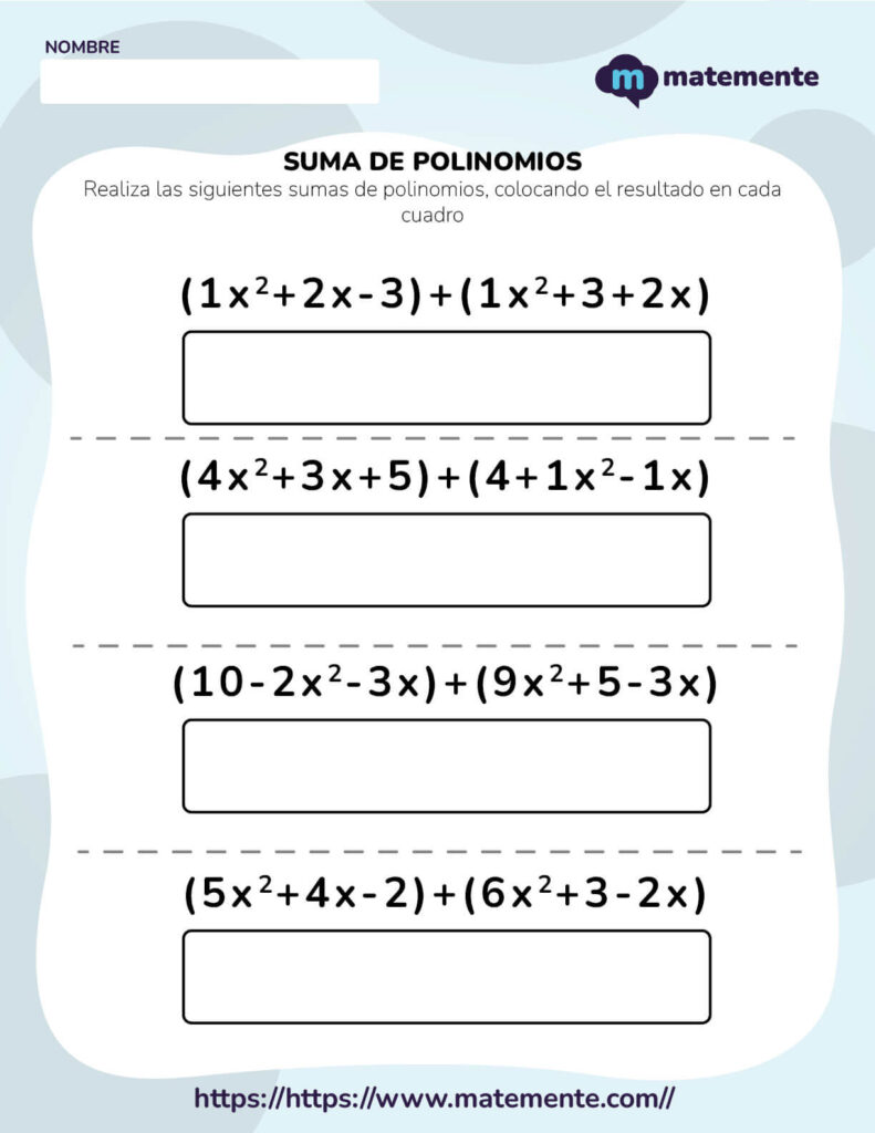 +40 Ejercicios de suma de polinomios para imprimir en PDF