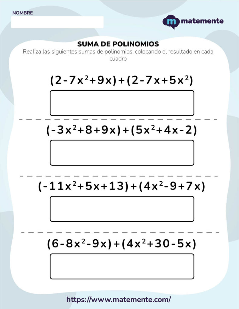 +40 Ejercicios de suma de polinomios para imprimir en PDF