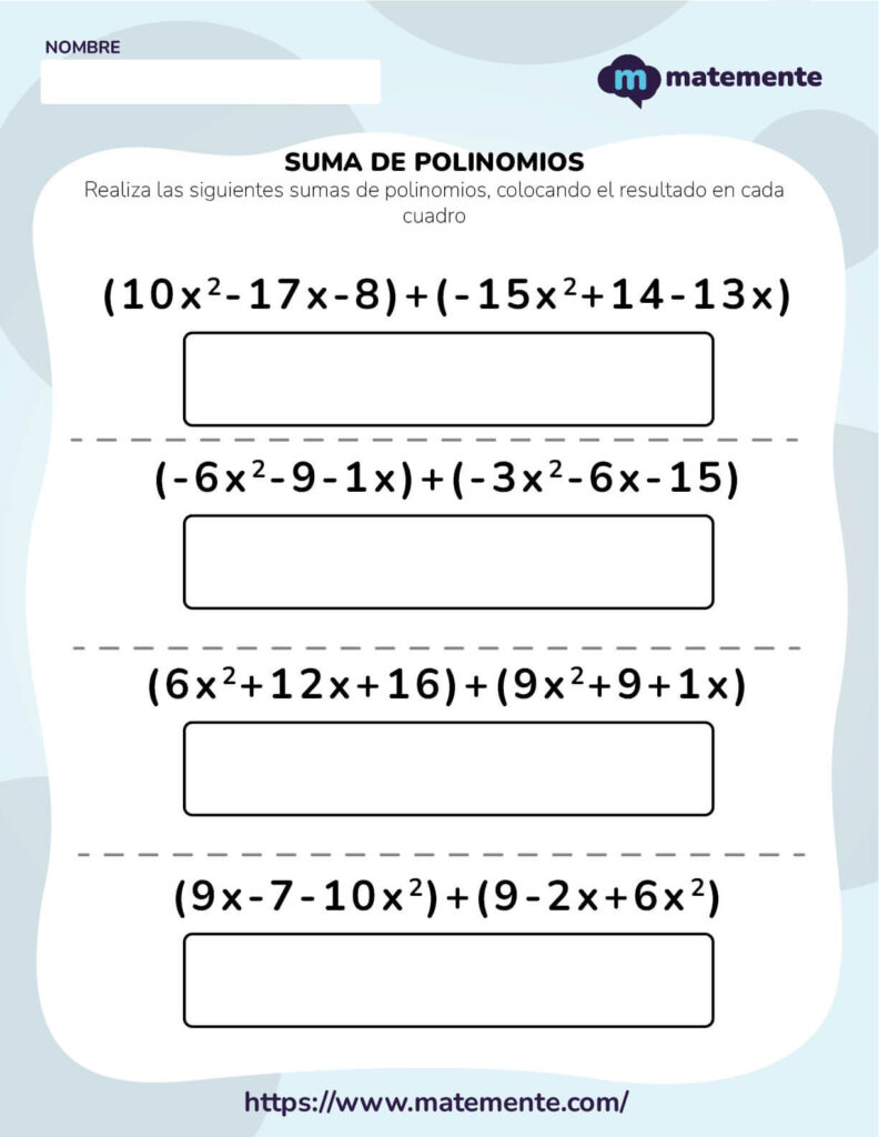 +40 Ejercicios de suma de polinomios para imprimir en PDF +40 Ejercicios de suma de polinomios para imprimir en PDF