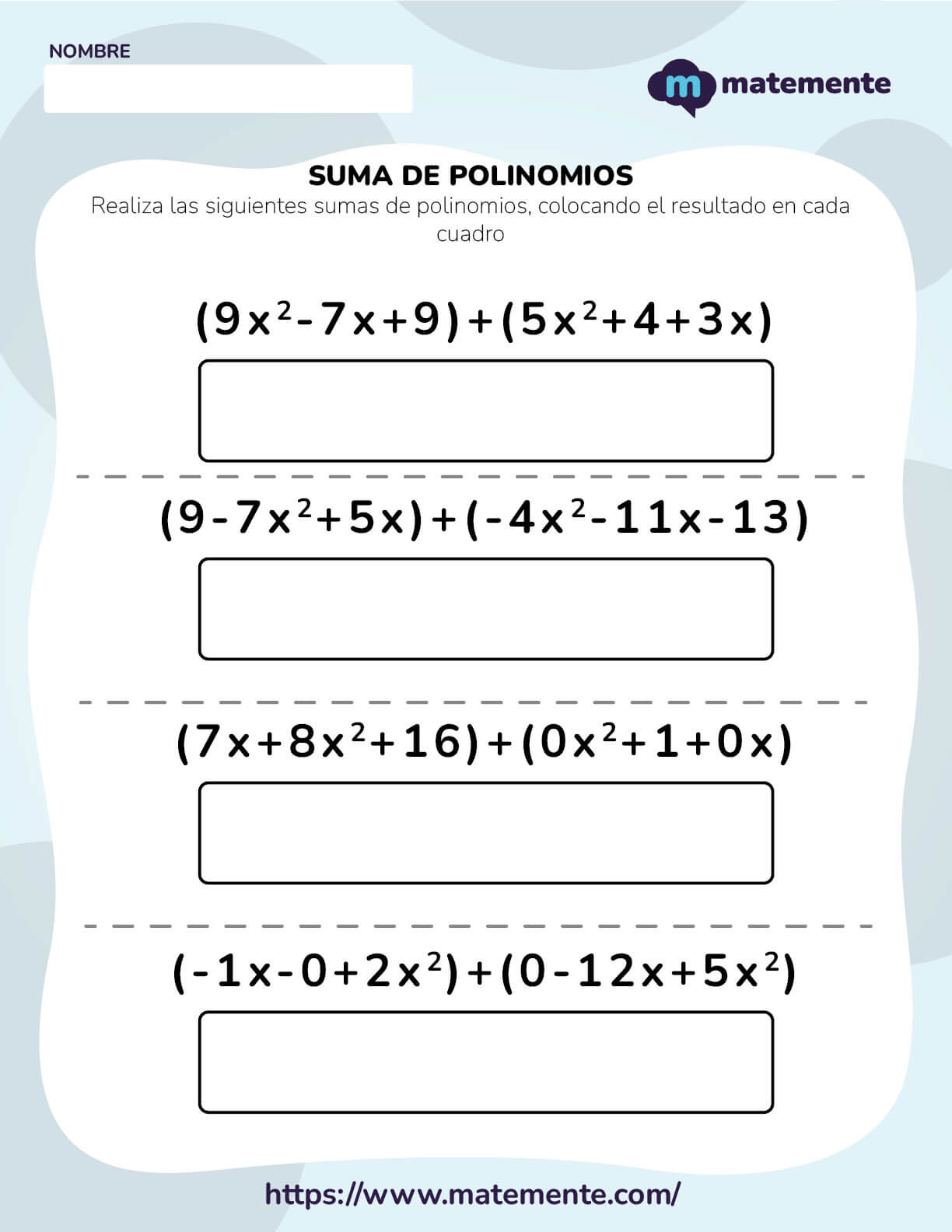 +40 Ejercicios de suma de polinomios para imprimir en PDF +40 Ejercicios de suma de polinomios para imprimir en PDF